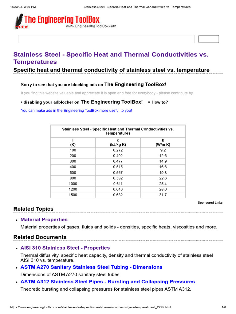 Stainless Steel - Specific Heat and Thermal Conductivities vs ...