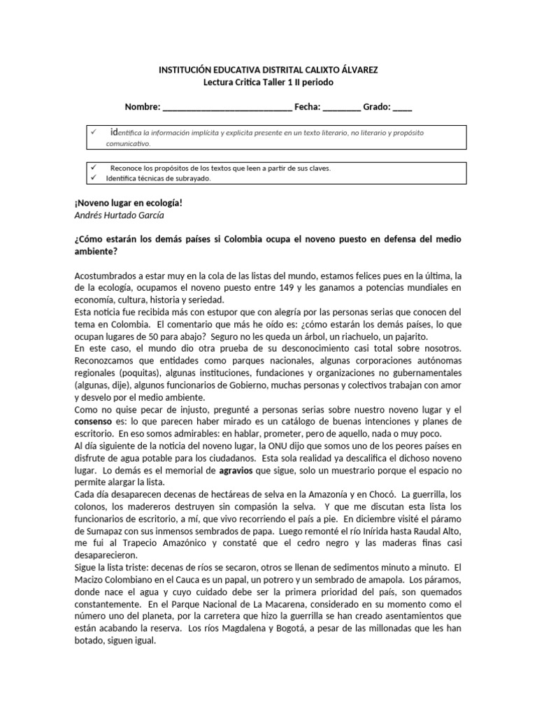 Taller De Comprensión Lectora Pdf