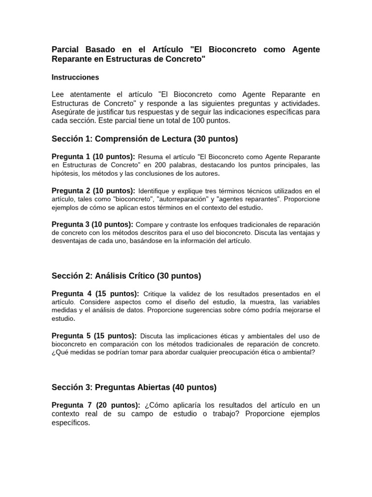 Parcial Basado en El Artículo El Bioconcreto Como Agente Reparante en Estructuras de Concreto | PDF