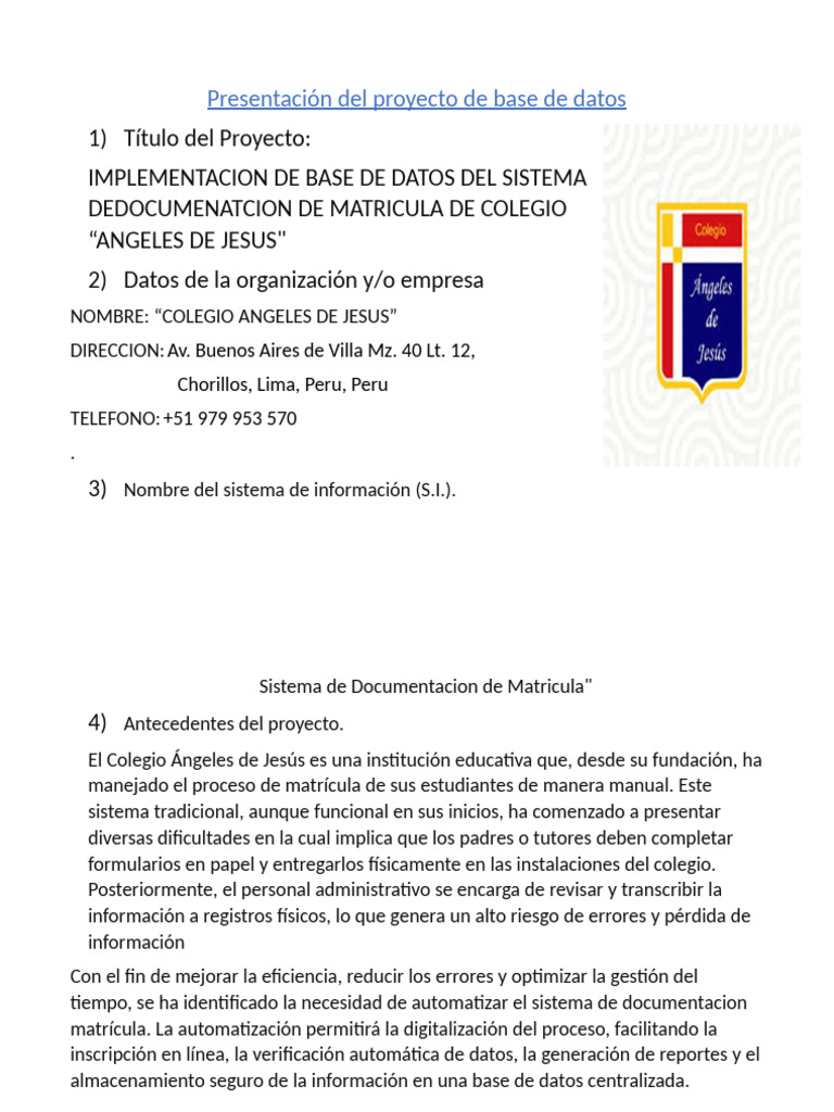 Presentación del proyecto de base de datos | PDF