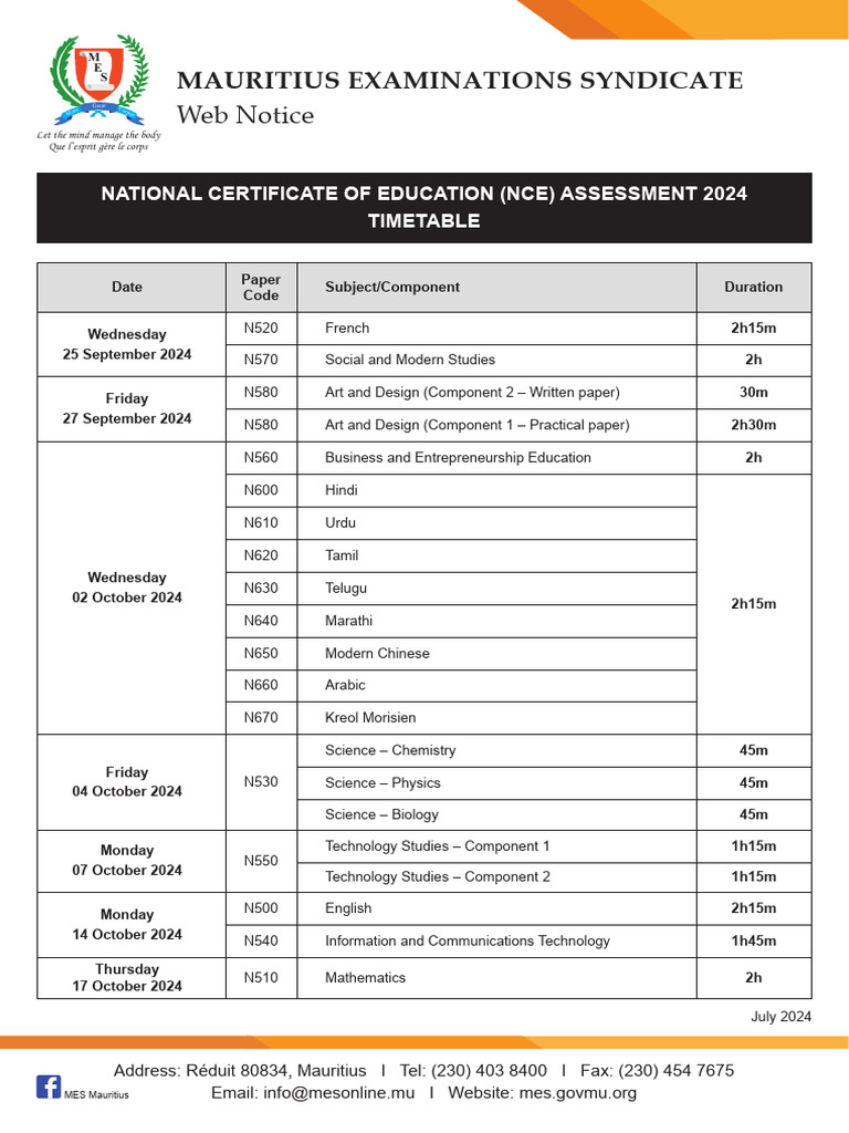 NCE Time Table 2024 | PDF