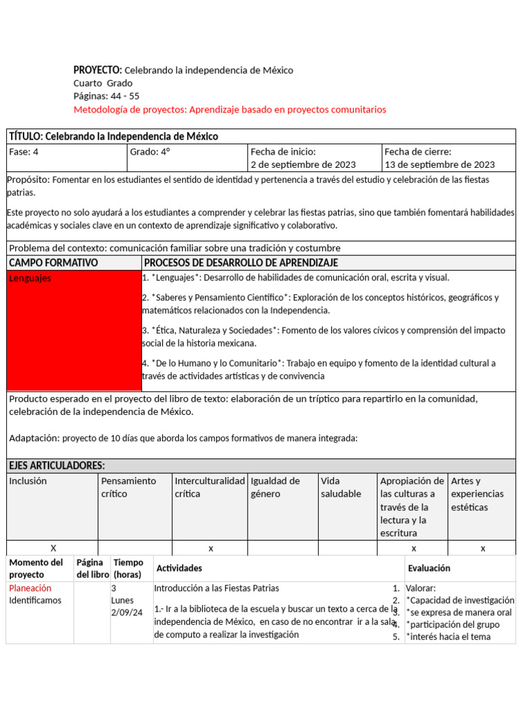 PROYECTO Celebrando La Indepenedencia de México | PDF | México | Aprendizaje