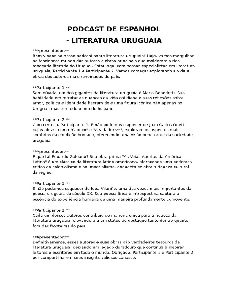 Podcast de Espanhol - Literatura Uruguaia | PDF