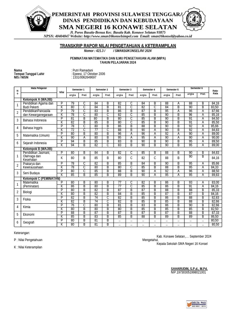 Format Transkrip Nilai Rapor P K Semester 1 6 | PDF