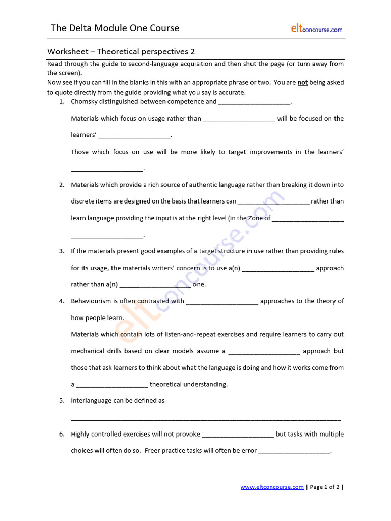 Worksheets ELTC Theoretical Perspectives 2 | PDF