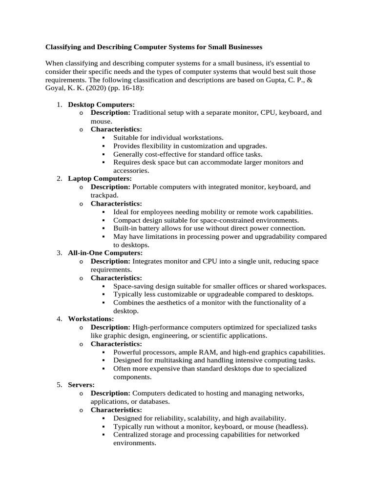 Classifying and Describing Computer Systems For Small Businesses | PDF
