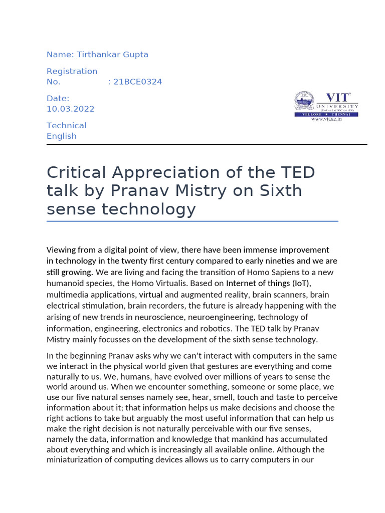 Critical Appreciation of The TED Talk by Pranav Mistry On Sixth Sense ...