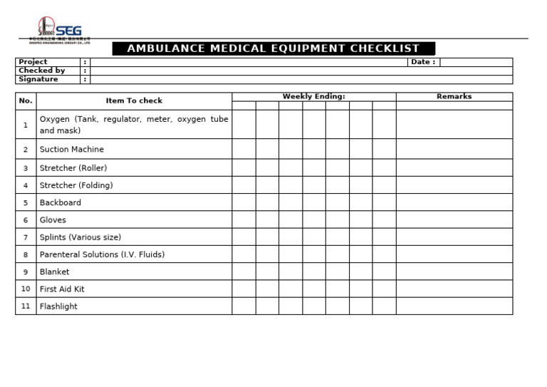 Ambulance Medical Equipment Checklist | PDF
