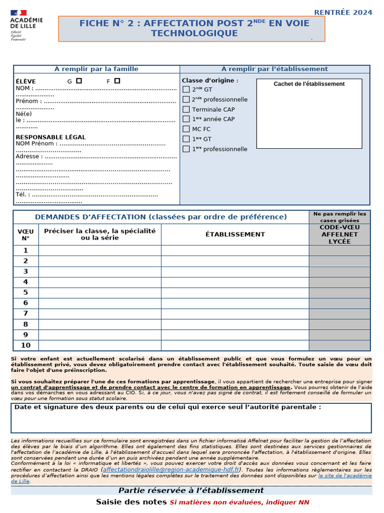 FICHE D'AFFECTATION N° 2 - Affectation en voie techno ou pro 2024(3) | PDF