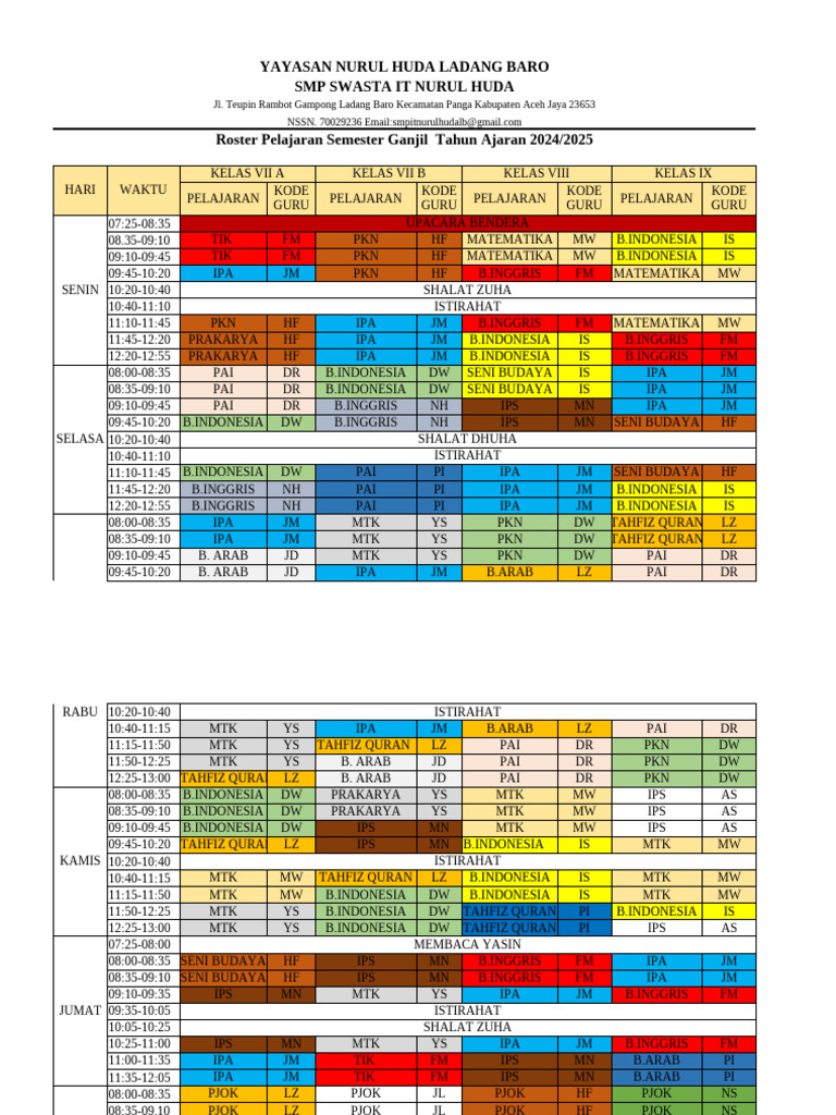 Roster Pelajaran SMP It 2024 Ganjil | PDF