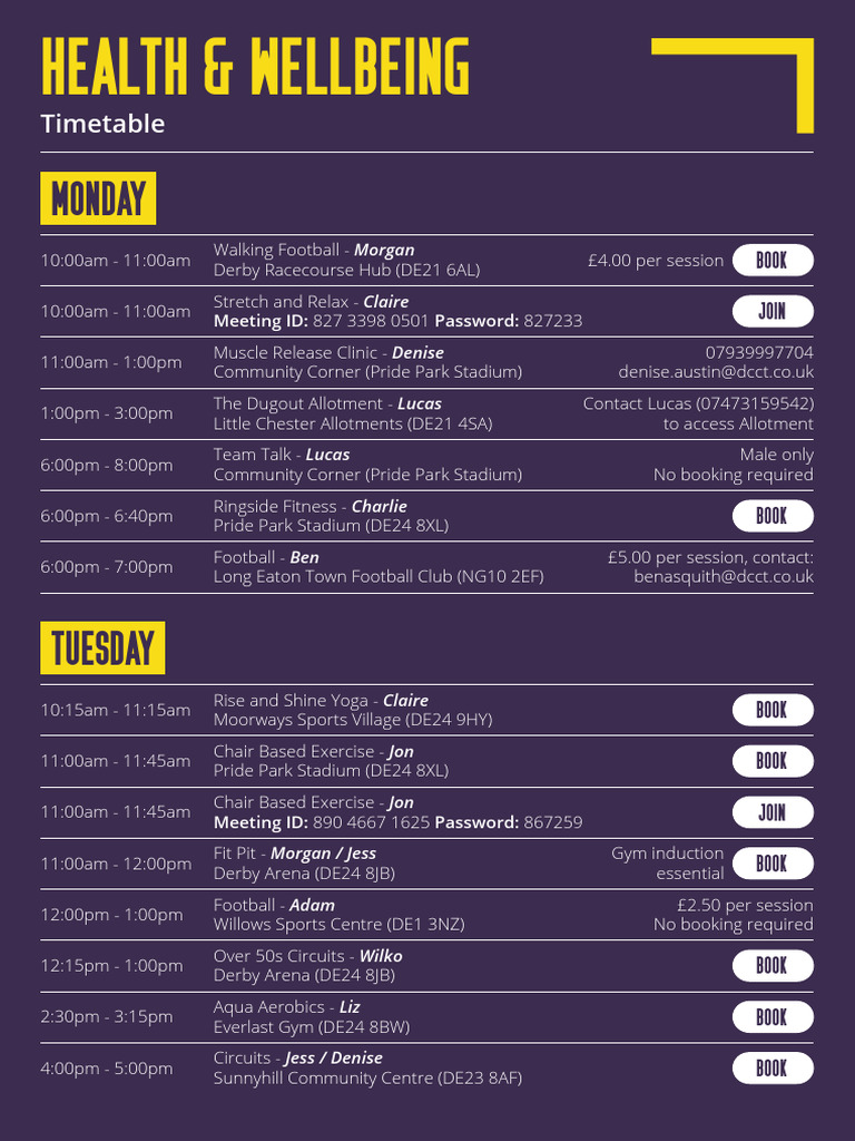 Health and Wellbeing - Timetable (July 2024) | PDF