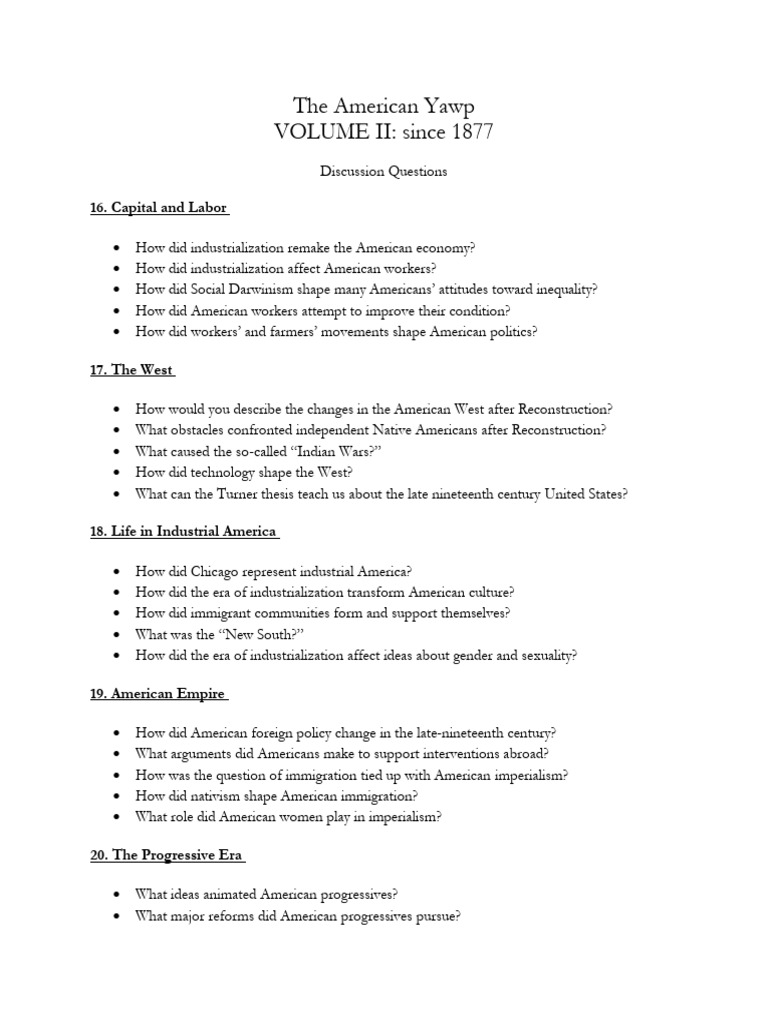 American Yawp Discussion Questions | PDF