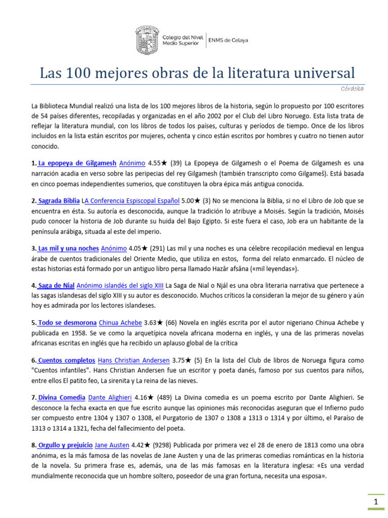 Los 100 mejores libros de todos los tiemposENMSC | PDF