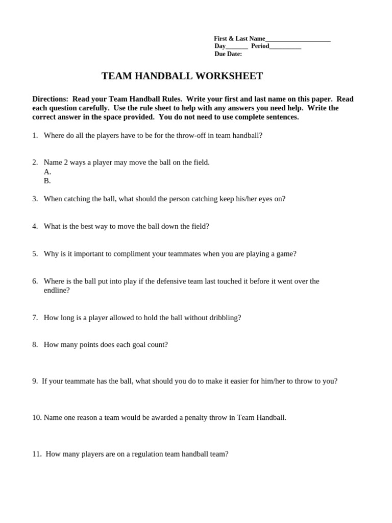 Team Handball Worksheet 1-Blank | PDF