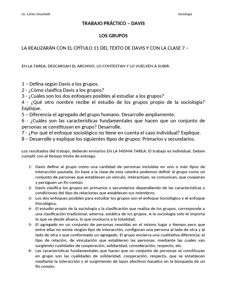 TP DAVIS - GRUPOS (2) Sociologia Udemm | PDF
