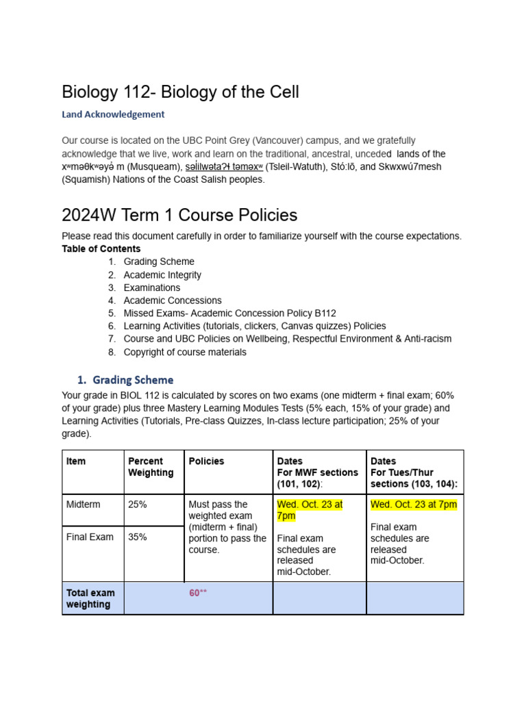 Biology 112 Policies-2024W Term 1.docx | PDF