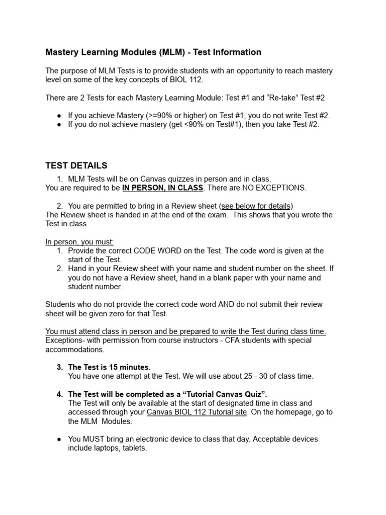 Mastery Learning Modules-Test Information-2024W | PDF