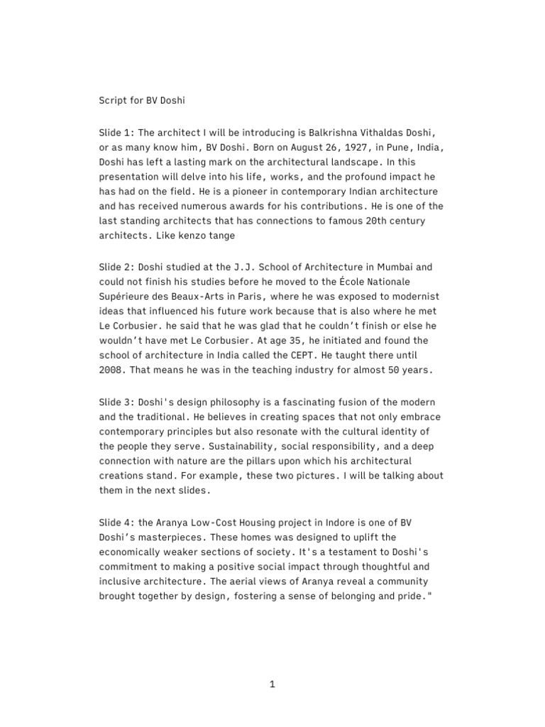 BV Doshi Script | PDF