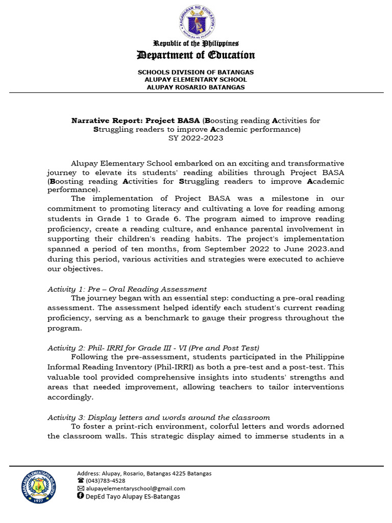 Narrative Report Project BASA Year End Report | PDF | Phonics | Applied ...