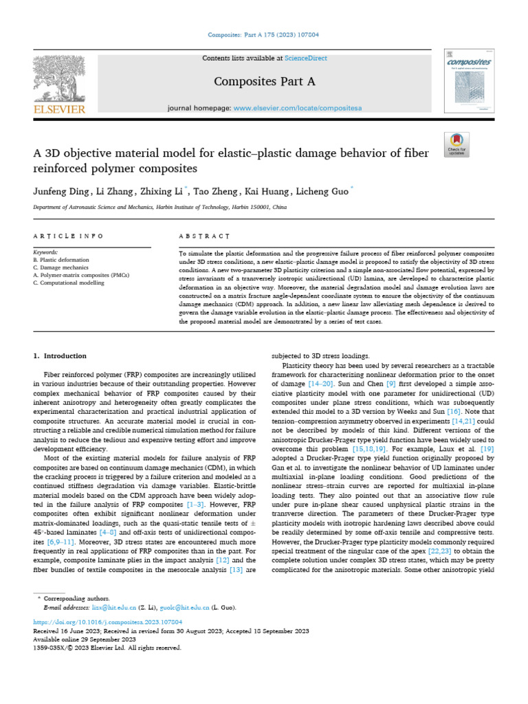 A 3D Objective Material Model For Elastic Plastic Damage Behavior of Fiber Reinforced Polymer ...