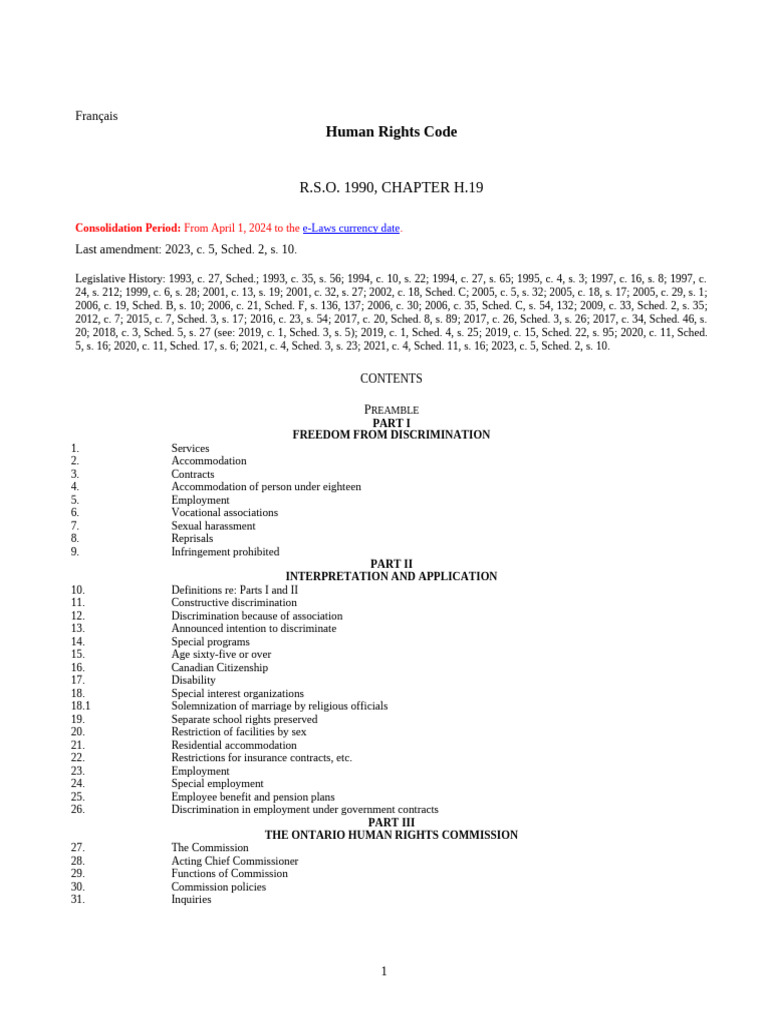 R.S.O. 1990, CHAPTER H.19: Human Rights Code | PDF