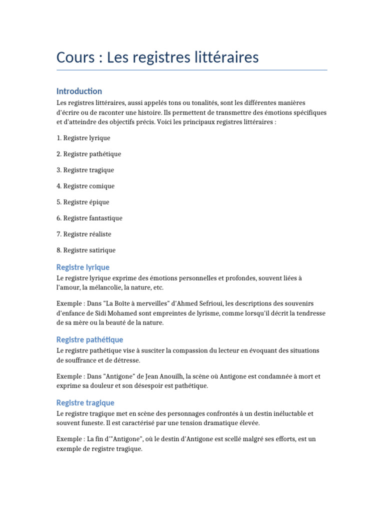 Cours Registres Litteraires 1BAC | PDF