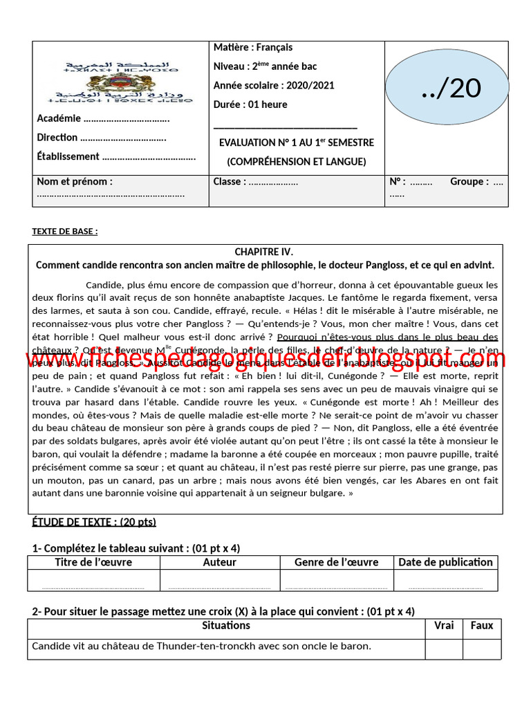 Candide Evaluation-N-1-Au-1er-Semestre-2eme-Annee-Bac-Candide | PDF