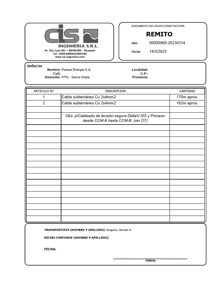Remito_ Cables2x4 | PDF