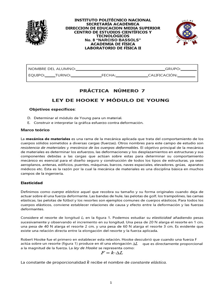 Practicas 7 Ley de Hooke y M-Dulo de Young | PDF