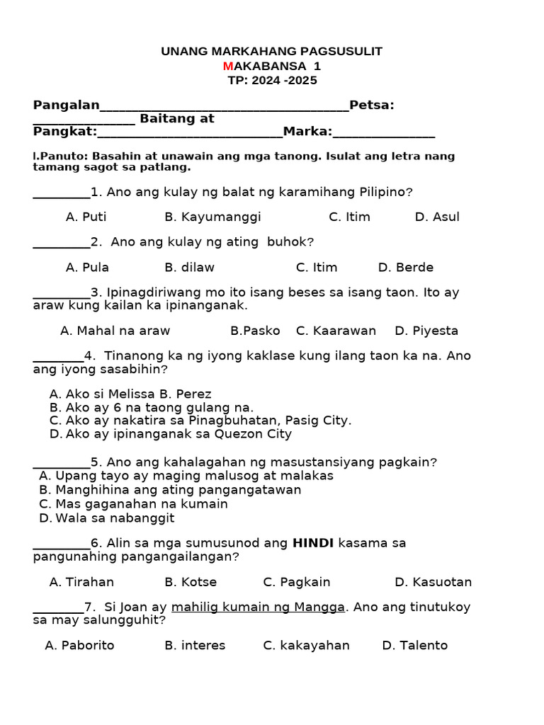 1st Quarter Test - Makabansa | PDF | Philippines | Wellness