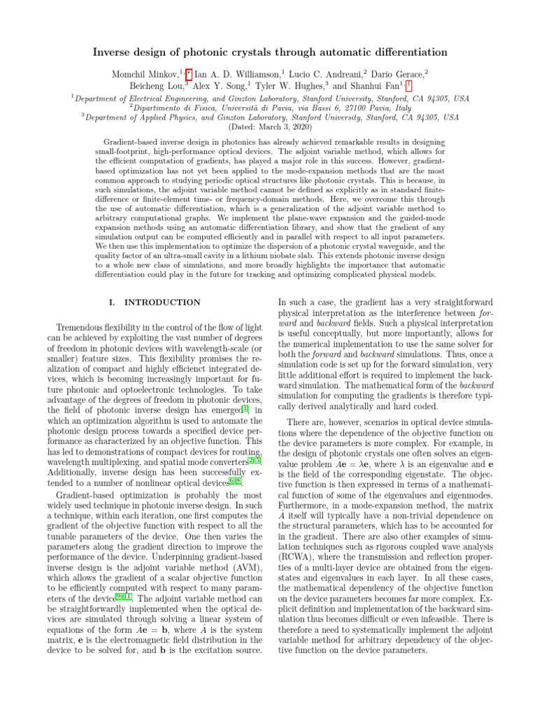 Inverse Design of Photonic Crystals Through Automatic Differentiation | PDF