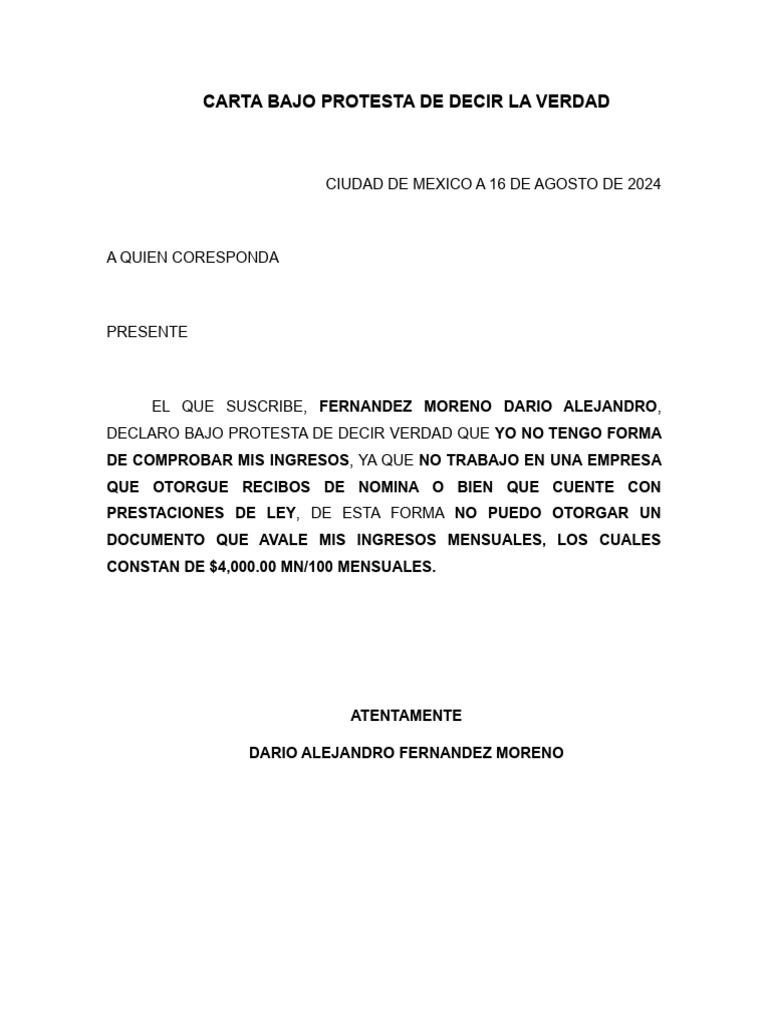 Carta Bajo Protesta de Decir La Verdad | PDF