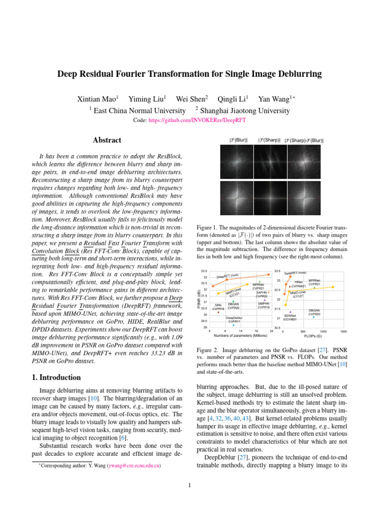 Deep Residual Fourier Transformation For Single Image Deblurring | PDF