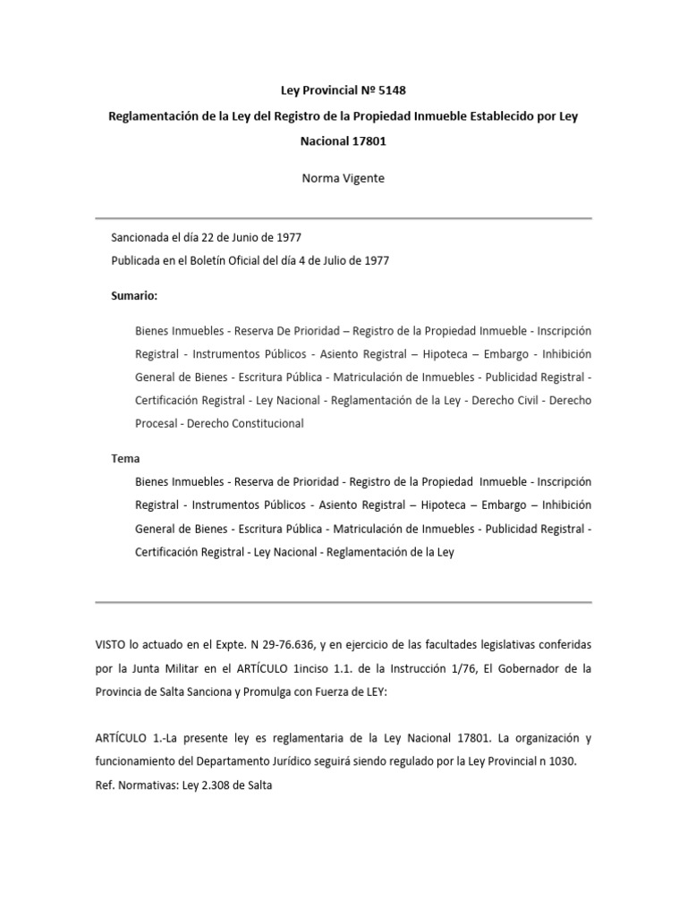 Ley Provincial #5148 Reglamentación de La Ley Del Registro de La Propiedad Inmueble Establecido ...