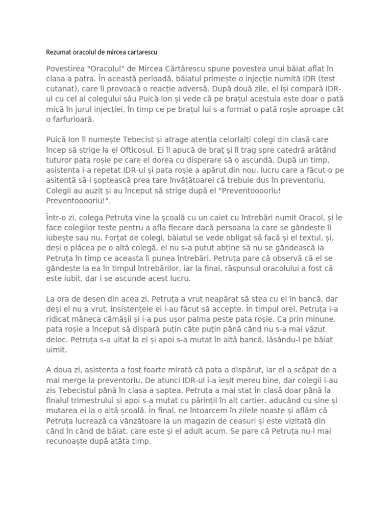 Rezumat Oracolul de Mircea Cartarescu | PDF
