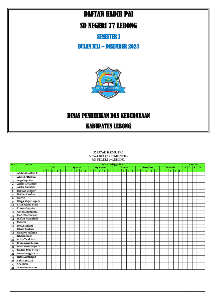 Daftar Hadir PAI Kelas 1-3 2023 | PDF