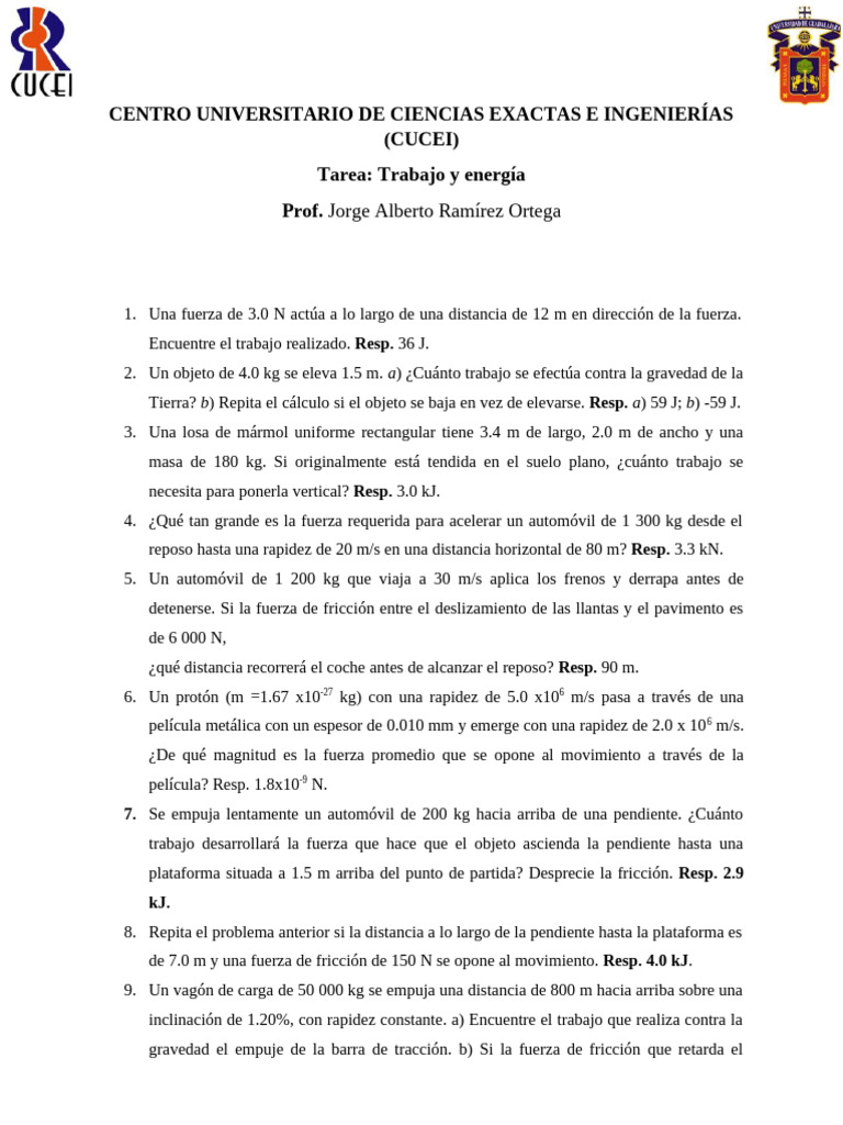 Trabajo y energía: Ejercicios resueltos | PDF | Fuerza | Fricción