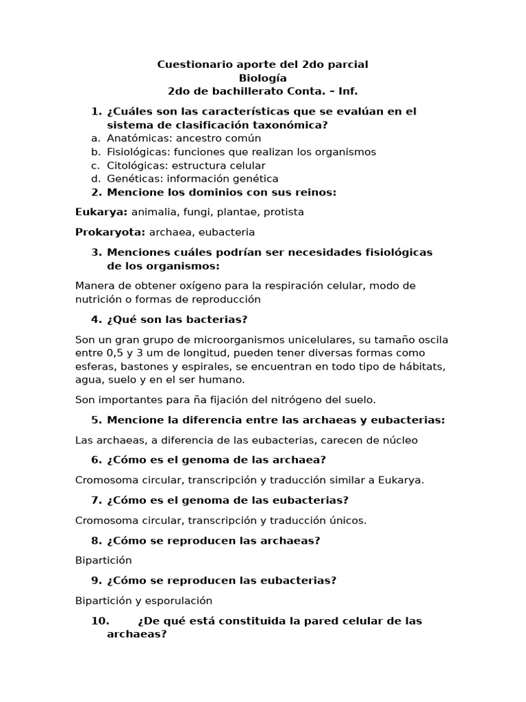 Cuestionarios - Biología y Química - 2do Trimestre - 2do Bach | PDF