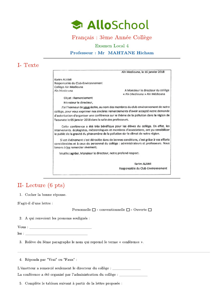 Francais 3ac Examen Local 4 2 | PDF