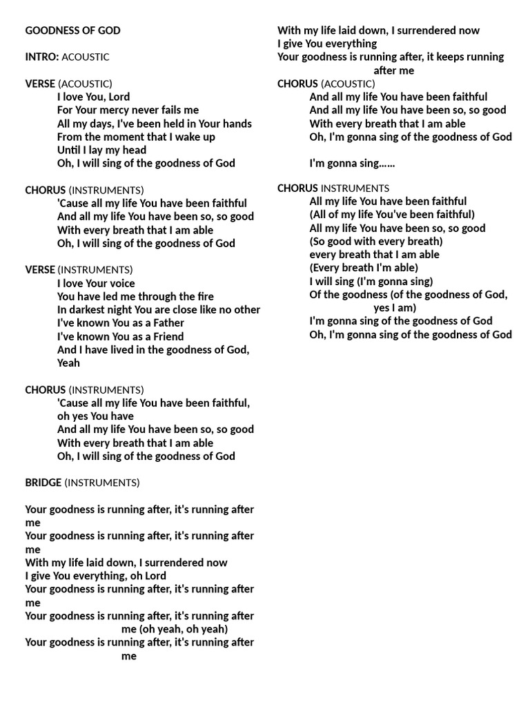 Goodness of God Sequence | PDF