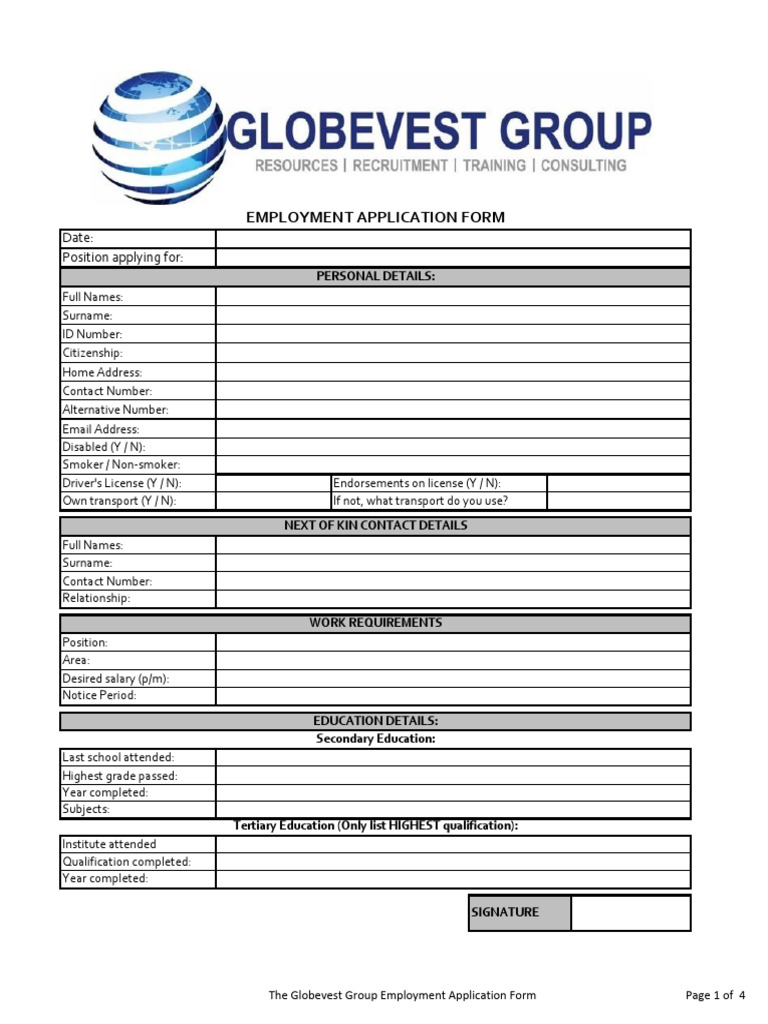 The Globevest Group - Employment Application Form 26072023 | PDF