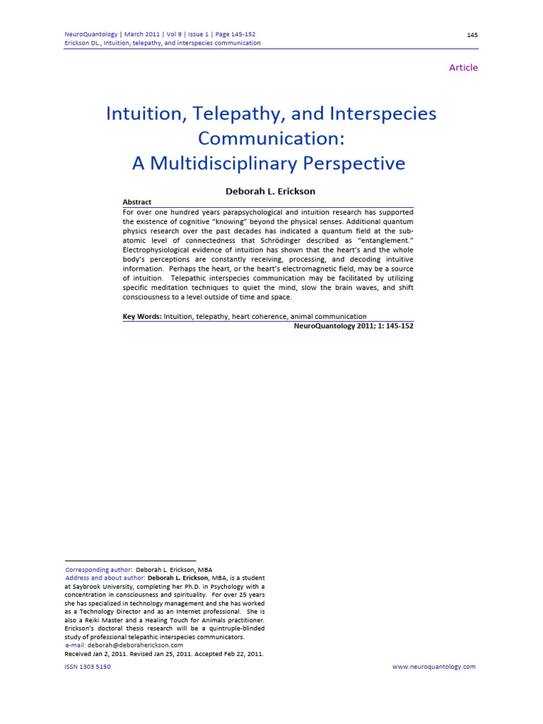 Intuition, Telepathy, and Interspecies Communication | PDF | Parapsychology | Telepathy