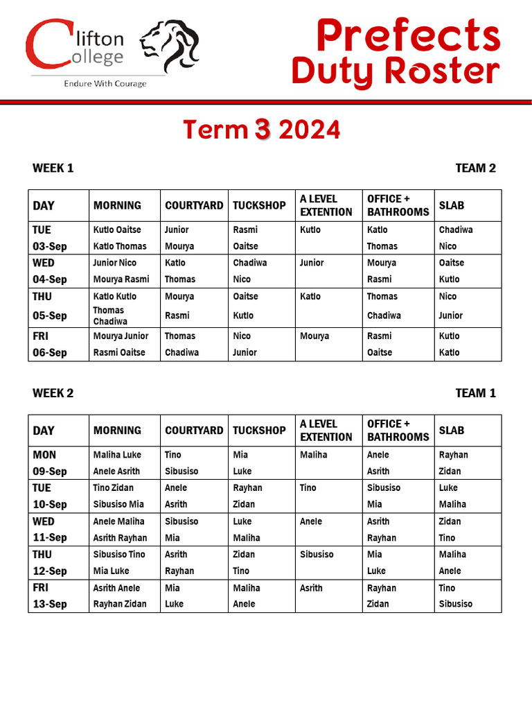 Prefect Duty Roster T3 2024 | PDF
