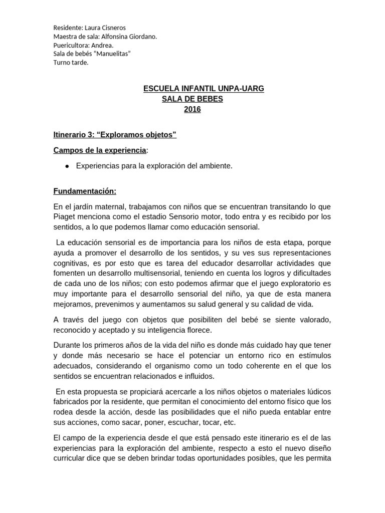 Itinerario de Exploracion y para Jugar | PDF | Educación de la primera ...