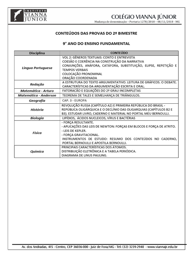 Conteúdos Das Provas Do 2 Bimestre | PDF