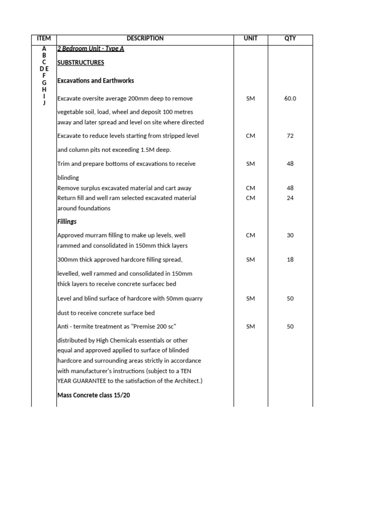 Copy of Bills of Quantities For Standard Residential House - 2 Bedroom ...