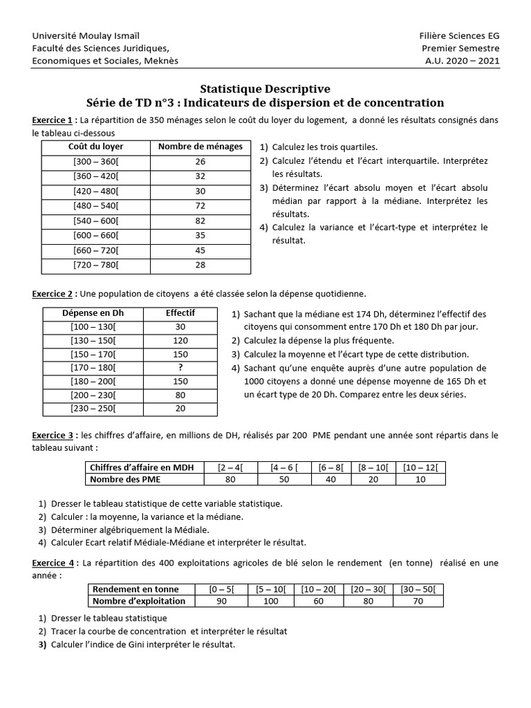 Statistique Descriptive Série de TD N°3: Indicateurs de Dispersion Et ...