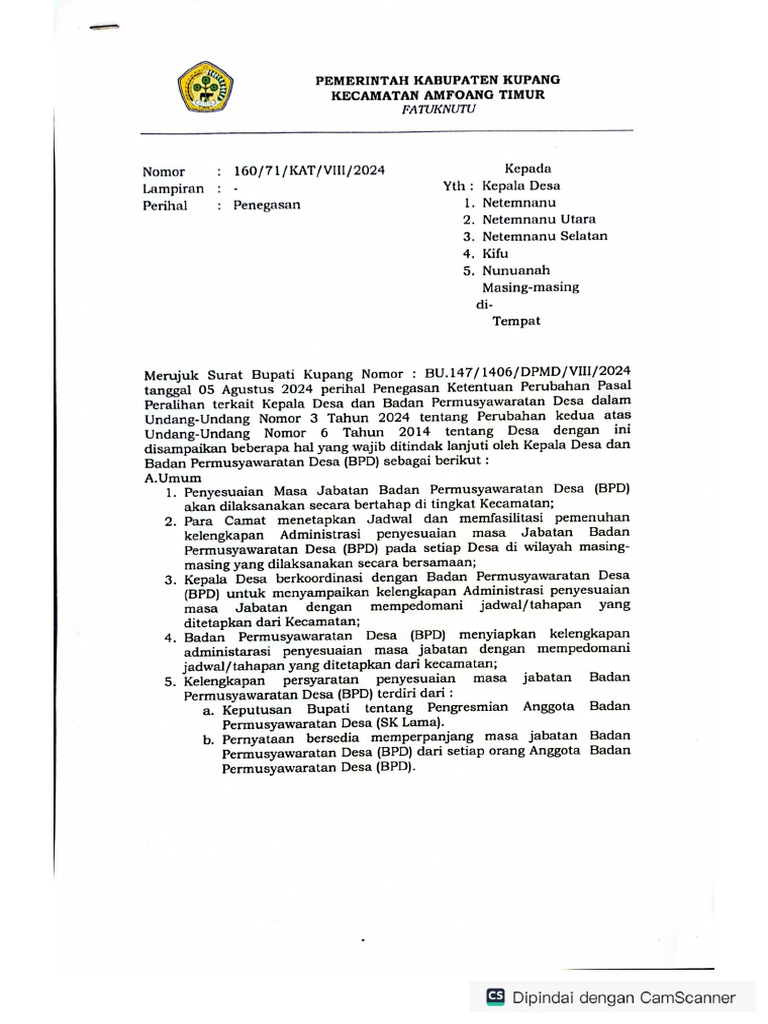 Surat Penegasan Perpanjangan Masa Jabatan BPD Agustus | PDF