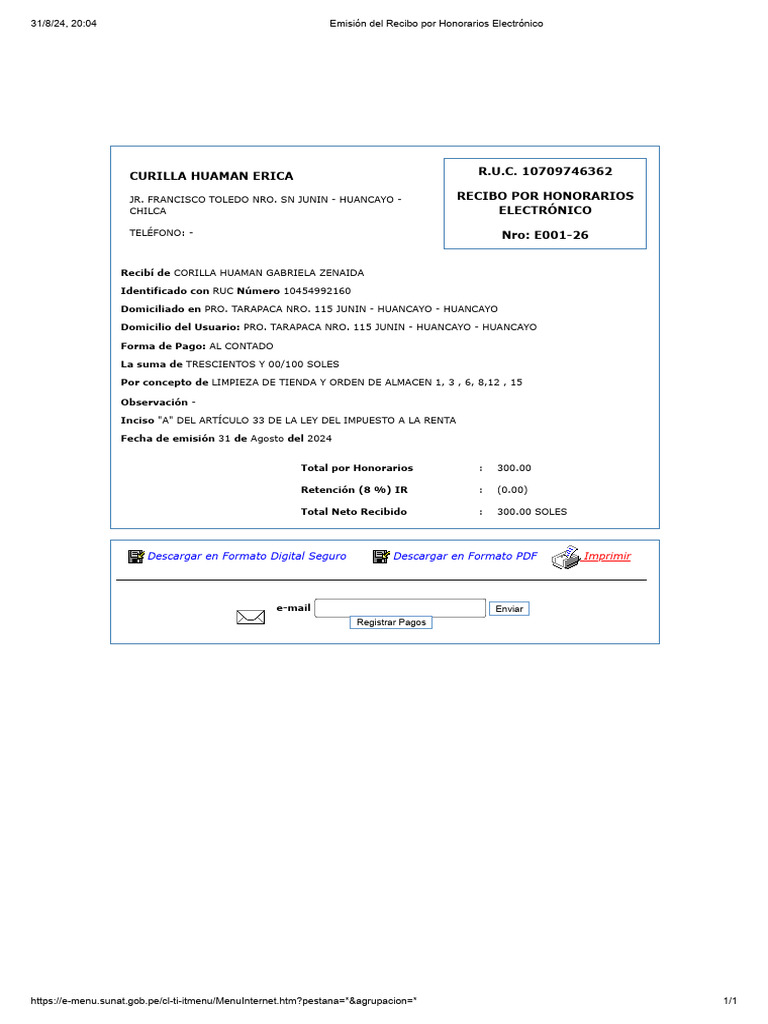 Curilla Huaman Erica R.U.C. 10709746362 Recibo Por Honorarios Electrónico Nro: E001-26 | PDF