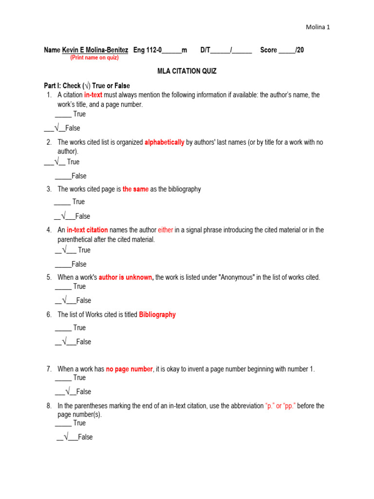 Mla Citation Quiz Jeng 112 (Spring 2023) - 4 | PDF